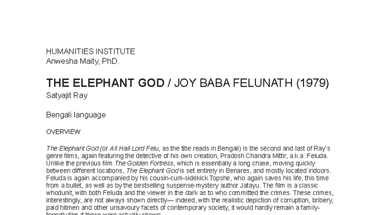HUMANITIES INSTITUTE: Overview of "The Elephant God" (JOY BABA FELUNATH ...