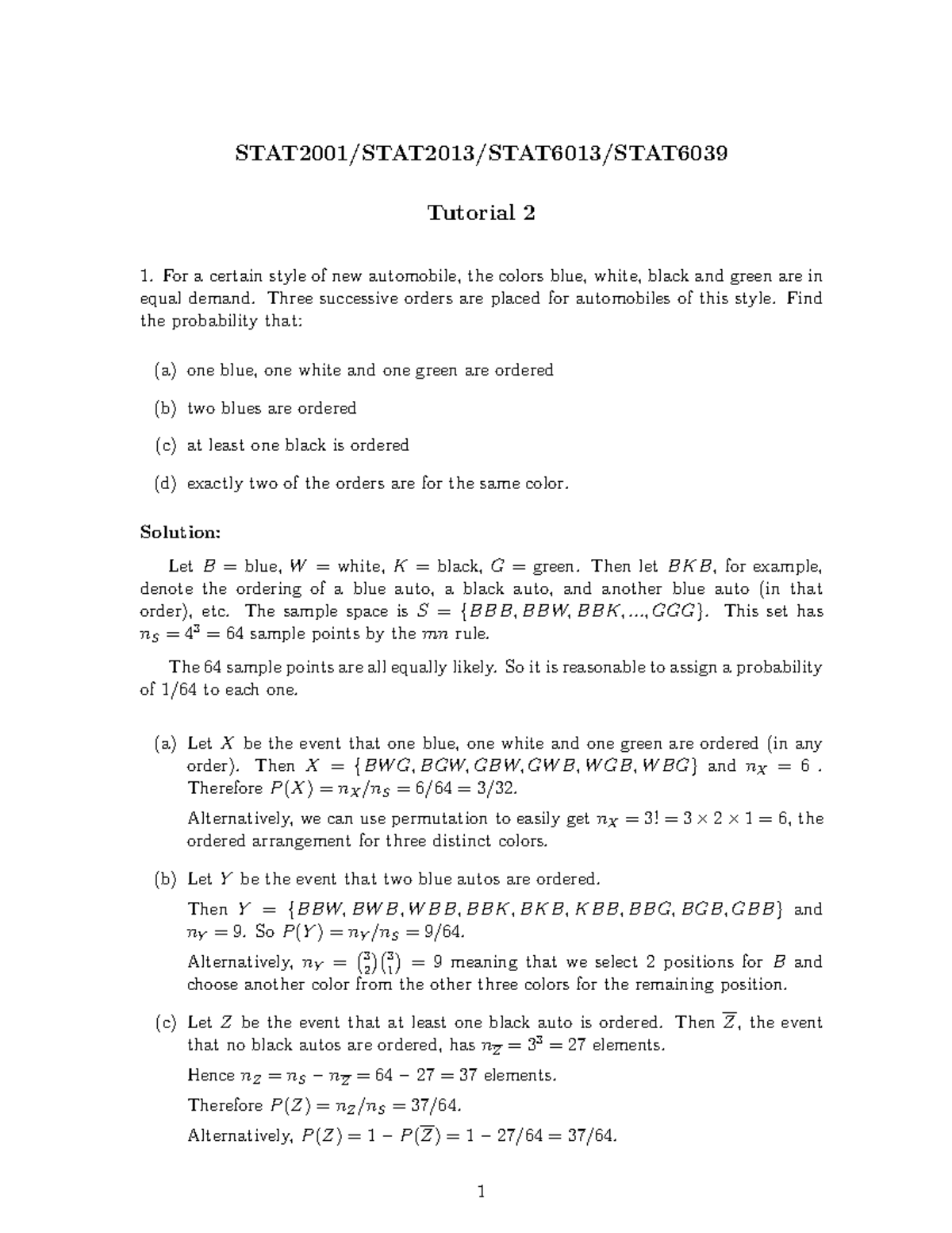 Solution of Tutorial 2 - STAT2001/STAT2013/STAT6013/STAT Tutorial 2 For ...