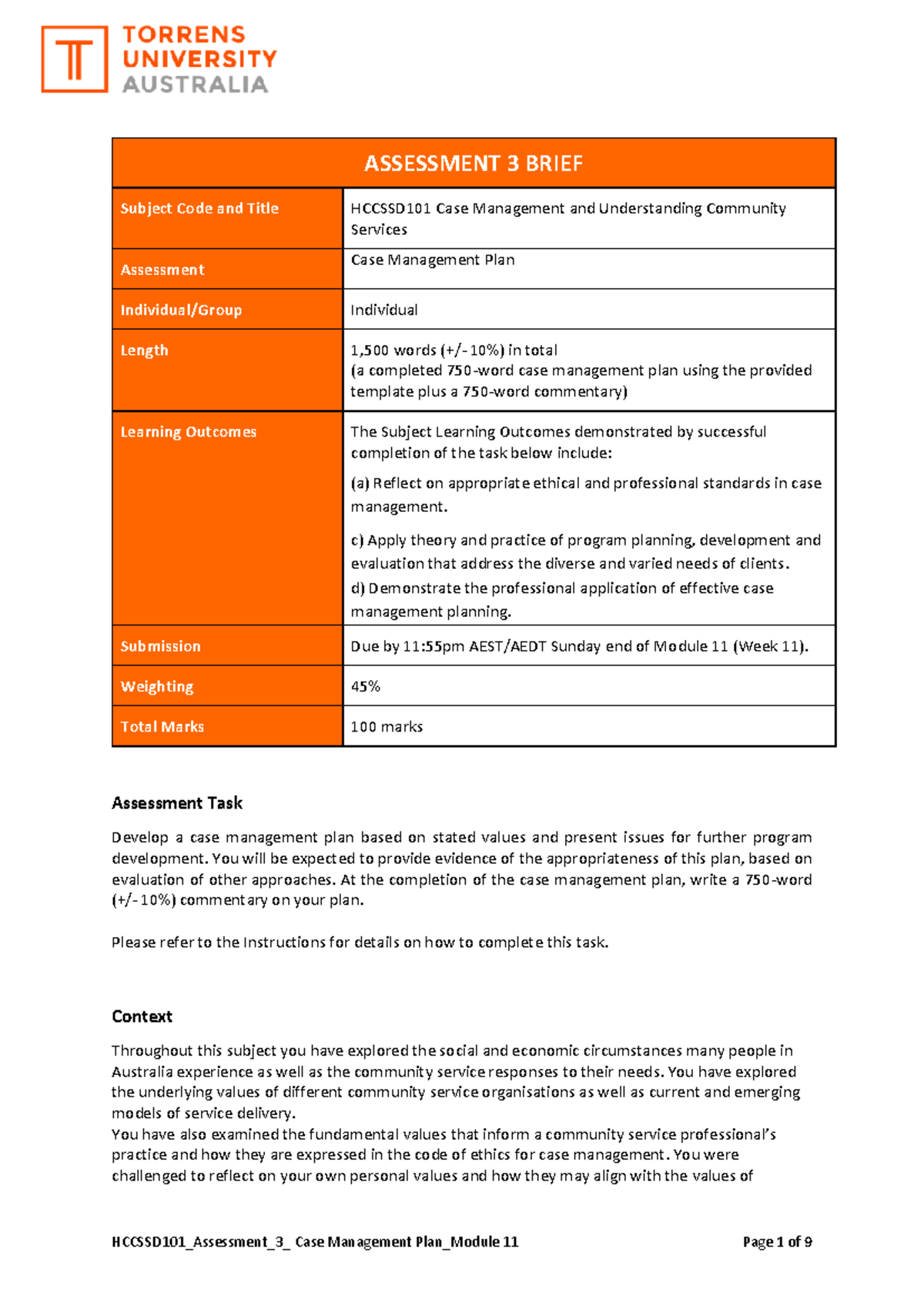 HCCSSD101 Case Management Plan Assessment 3 Brief Guide - Studocu