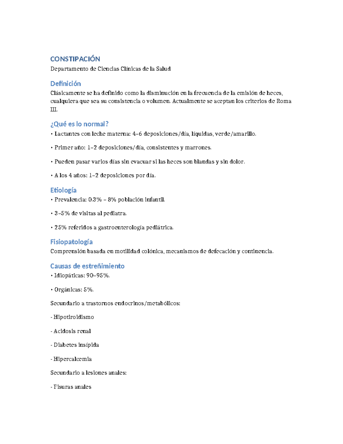 Apunte sobre Constipación en Pediatría: Definición y Etiología - Studocu