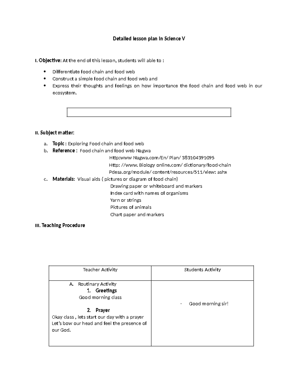 Lesson Plan on Food Chain and Food Web - Science V DLP - Studocu