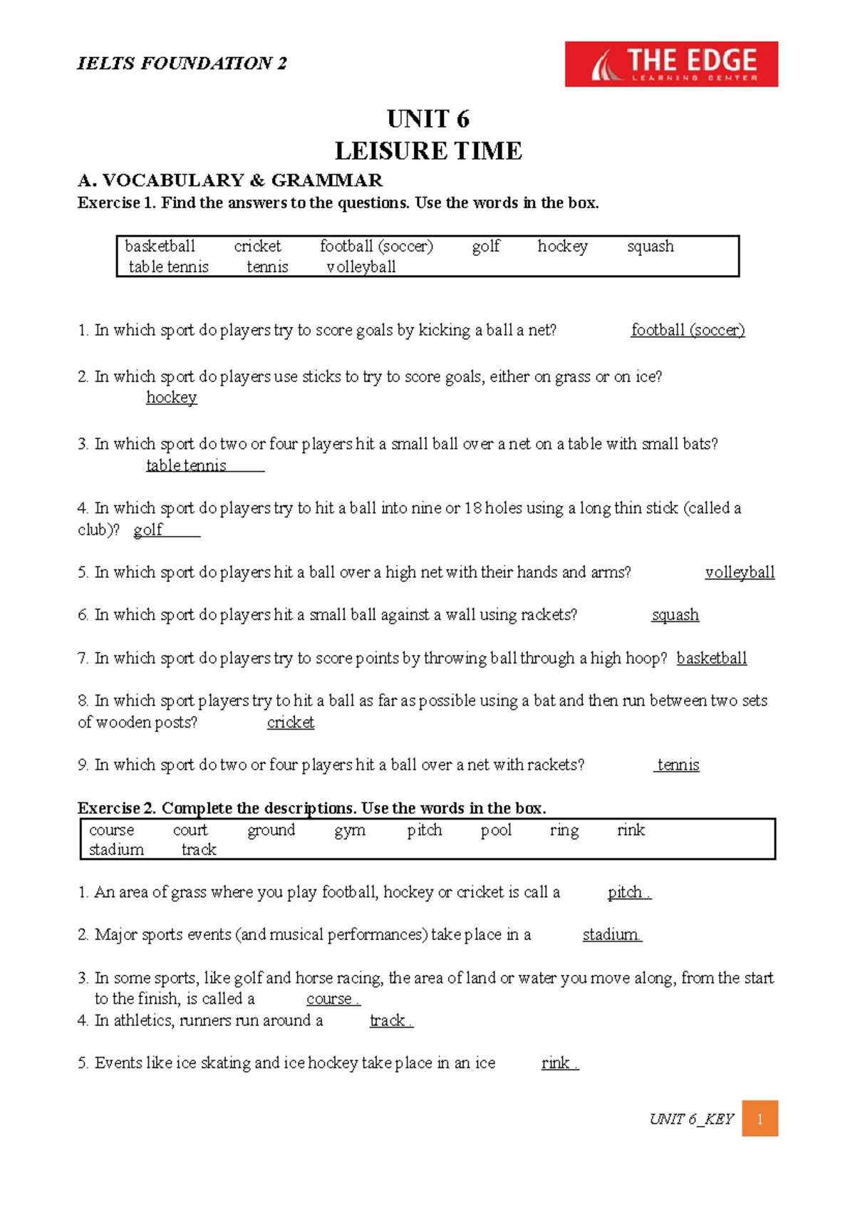 Unit 6 Key - Teaching English: Leisure Time Vocabulary & Grammar - Studocu