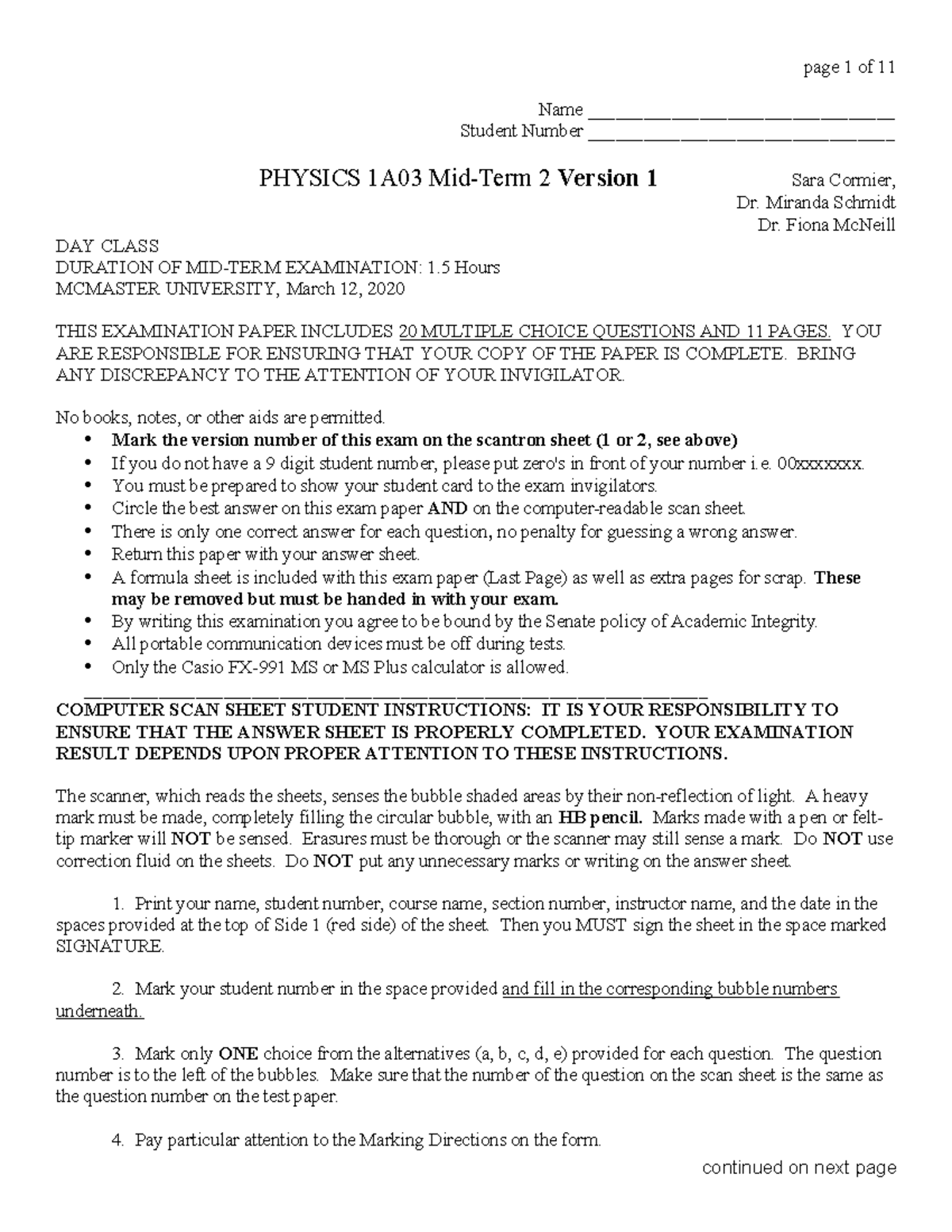 Physics 1A03 Midterm Exam #2 - March 2020 Answers - Studocu