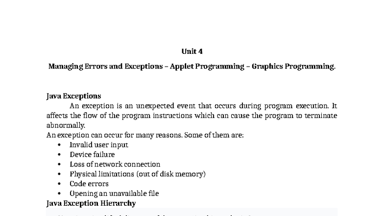 Unit 4: Managing Errors & Exceptions in Java Applet Programming - Studocu