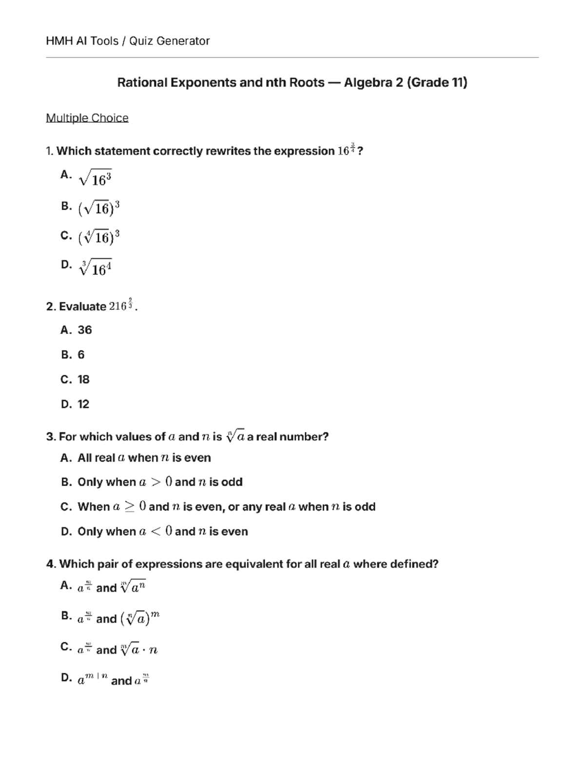 Rational Exponents and nth Roots Quiz - Algebra 2 (Grade 11) - Studocu