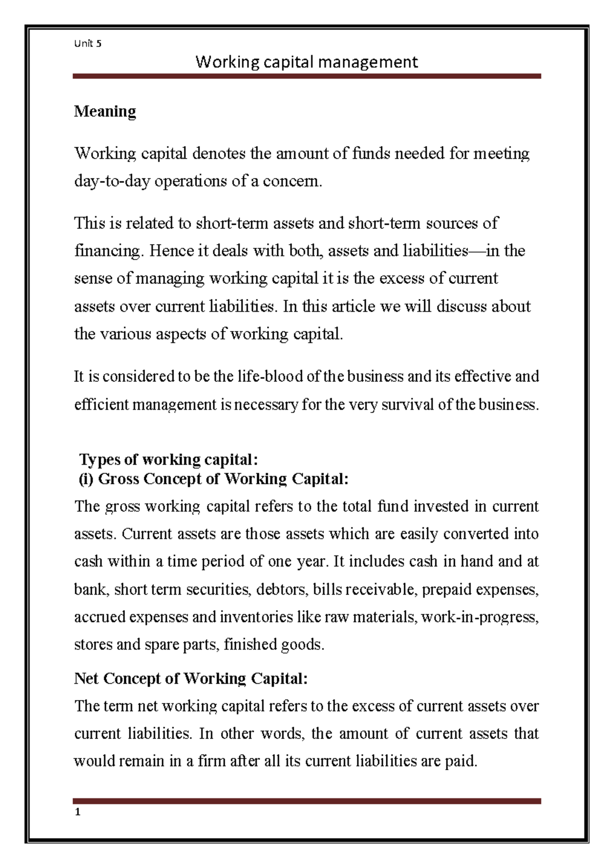 Unit 5: Working Capital Management - Concepts and Importance - Studocu