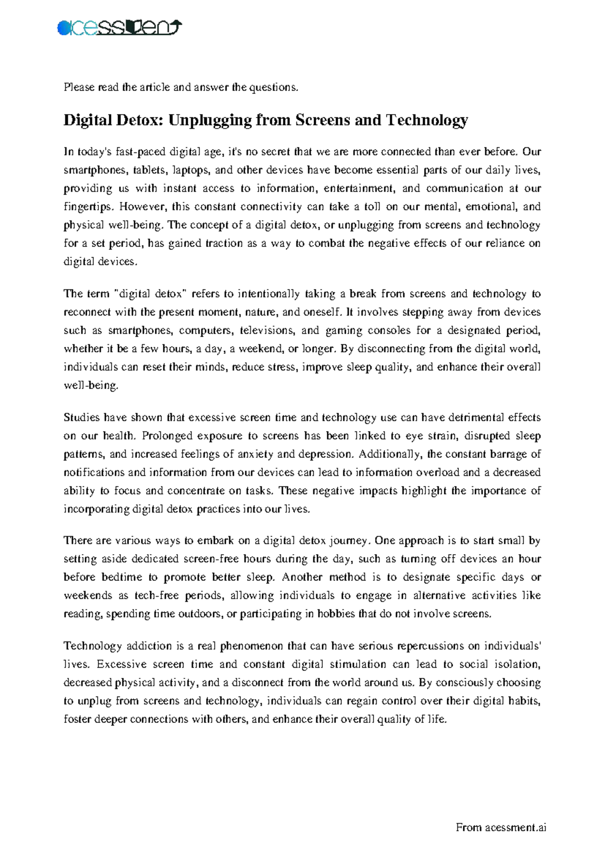 Digital Detox: Unplugging from Screens - 0318 Reading Guide - Studocu