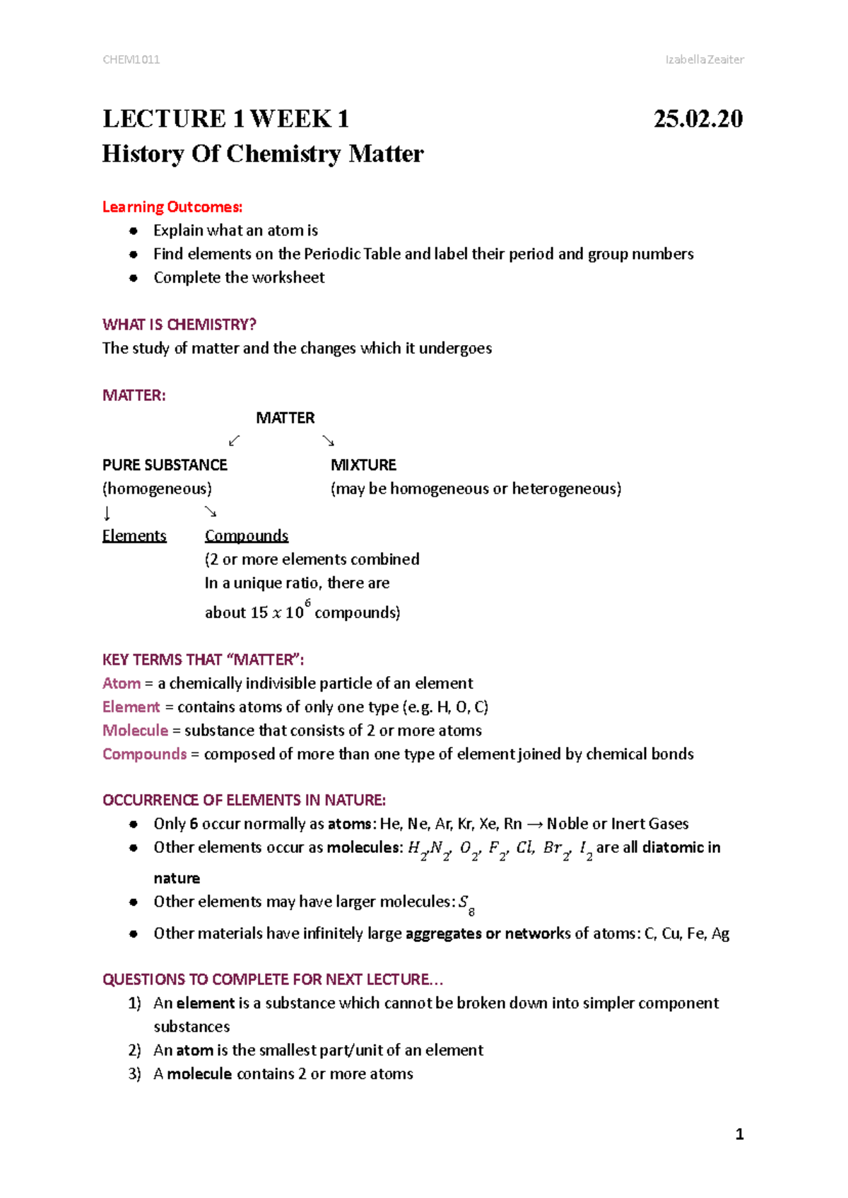 CHEM1011 - Comprehensive Lecture Notes on Chemistry Concepts - Studocu