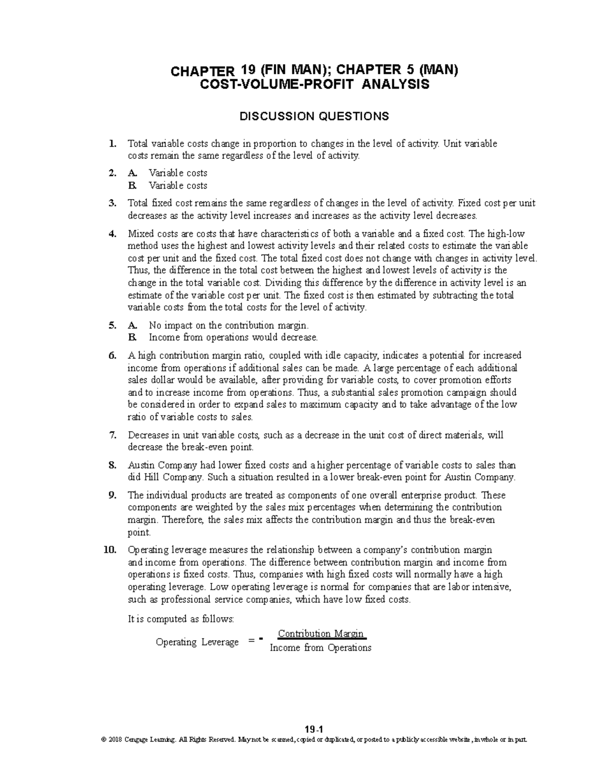 Fin Man 14e SM Chapter 19: Cost-Volume-Profit Analysis Overview ...