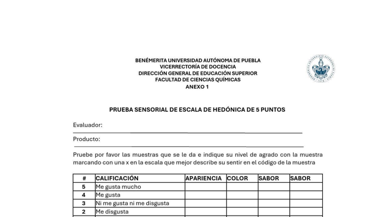 Prueba Sensorial de Escala Hedónica - Anexo 1 - Studocu