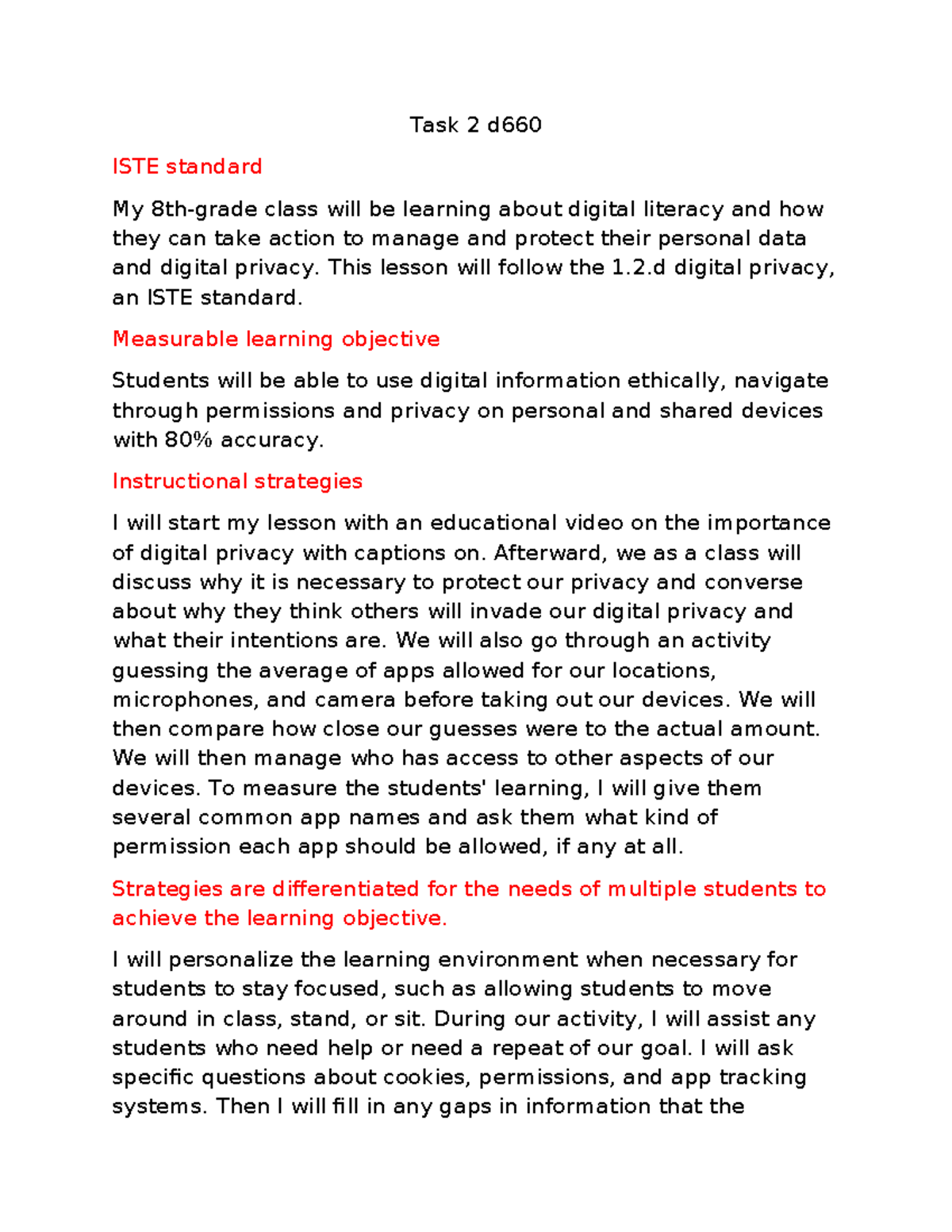 Task 2 d660 - Digital Literacy & Privacy Management Lesson Plan - Studocu