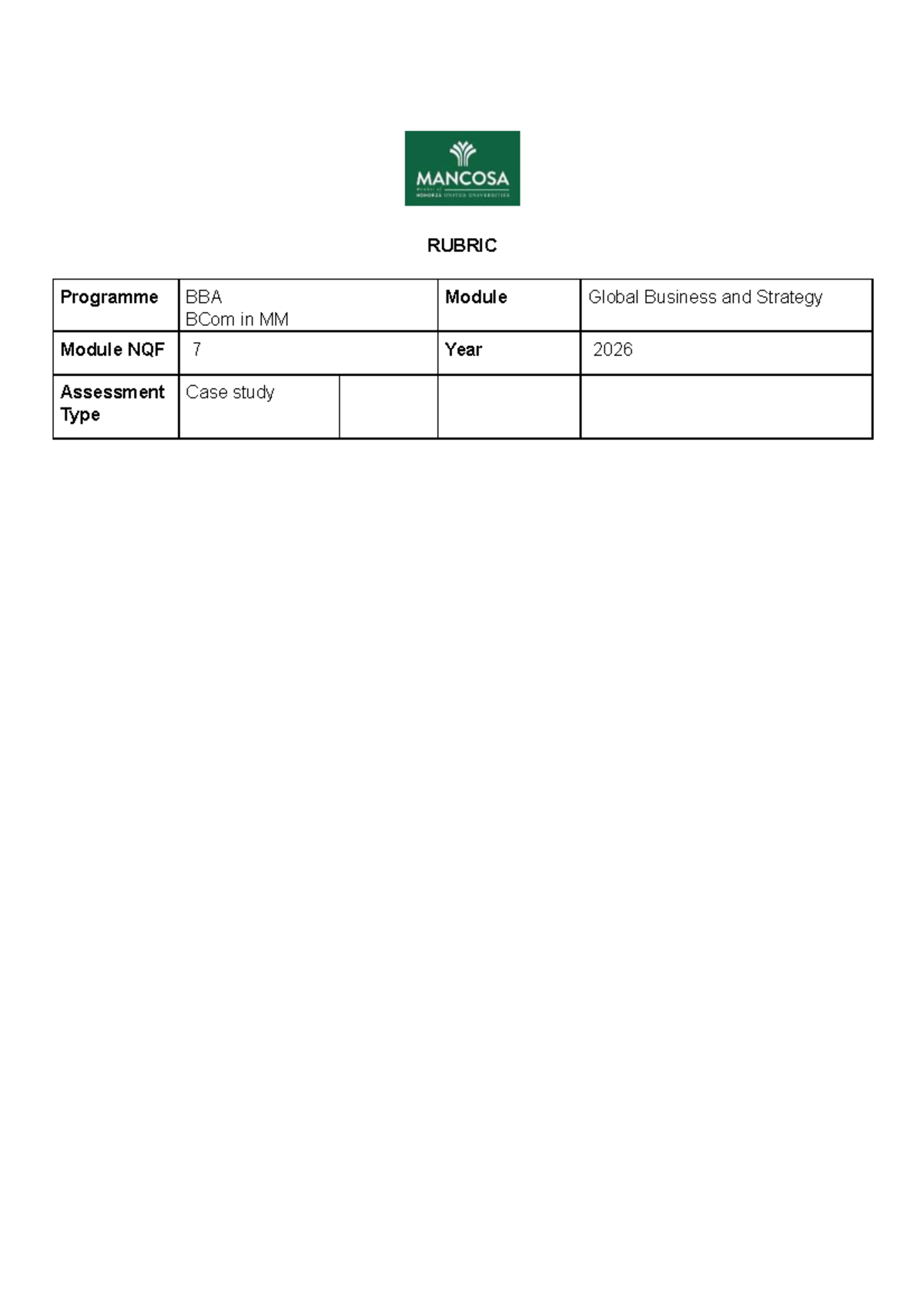 BBA Case Study Rubric for Global Business and Strategy - Studocu