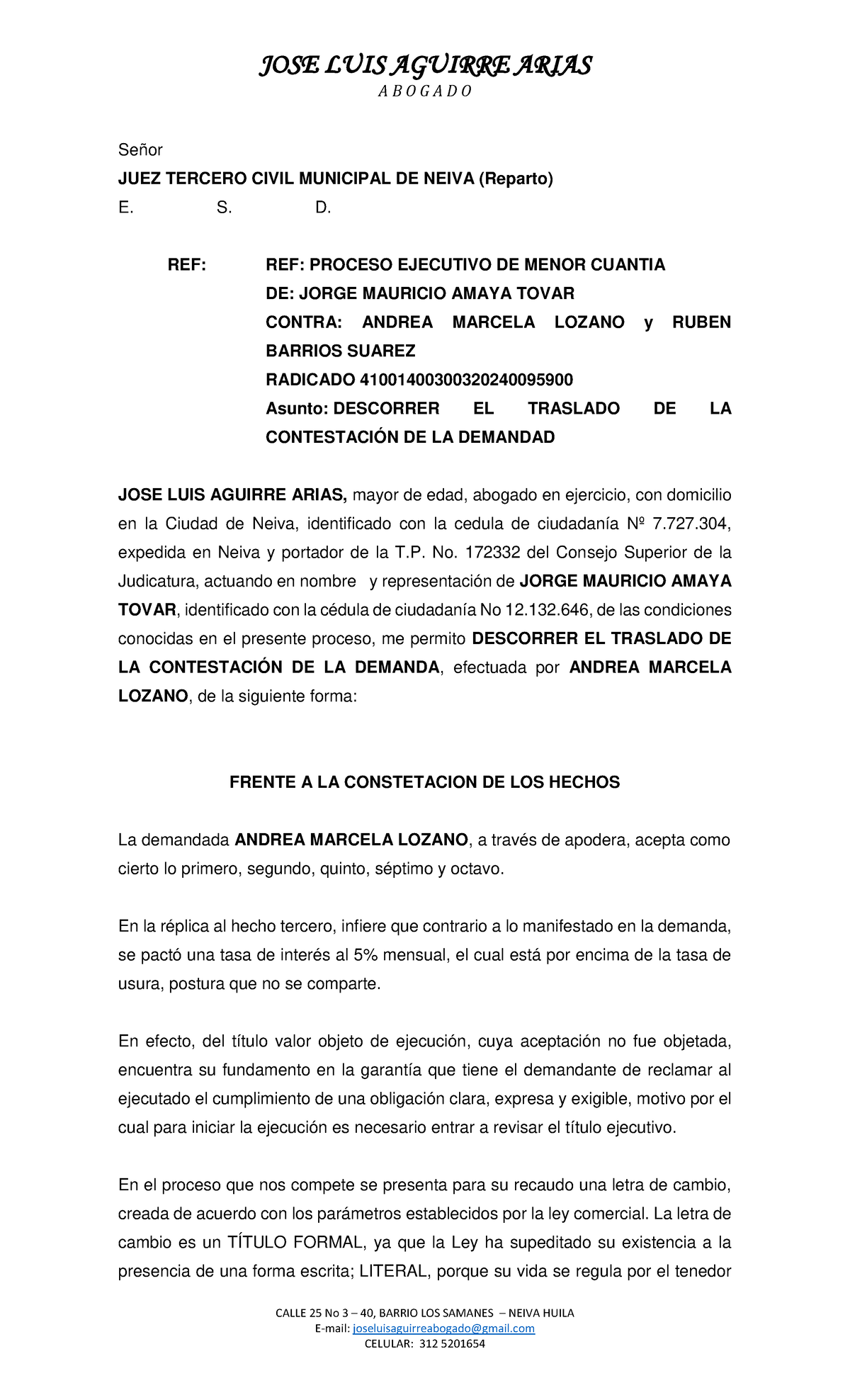 Descorrer el Traslado de la Contestación de la Demanda - Radicado - Studocu