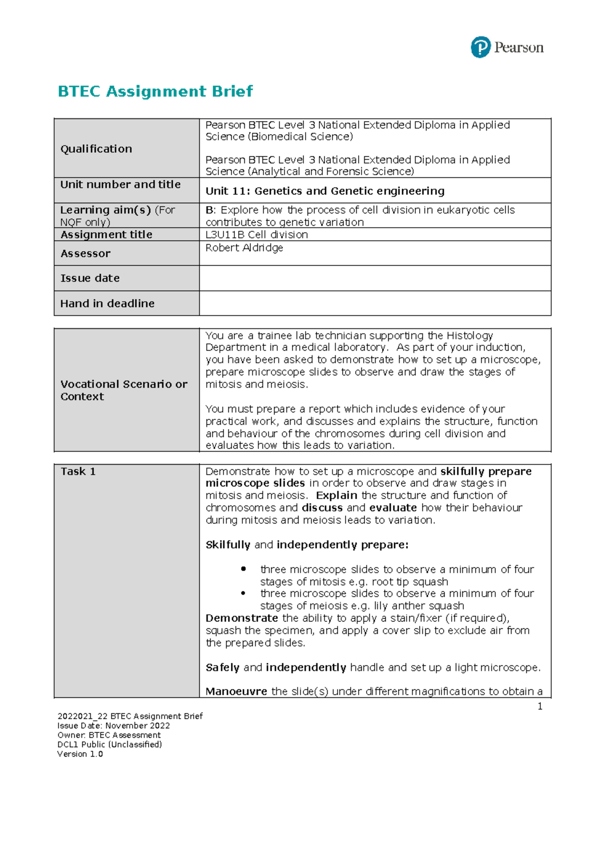 L3U11B Assignment Brief: Cell Division & Genetic Variation in Applied ...