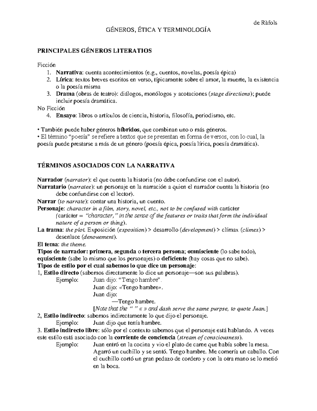 GÉNEROS LITERARIOS Y TÉRMINOS ÉTICOS EN NARRATIVA Y POESÍA - Studocu