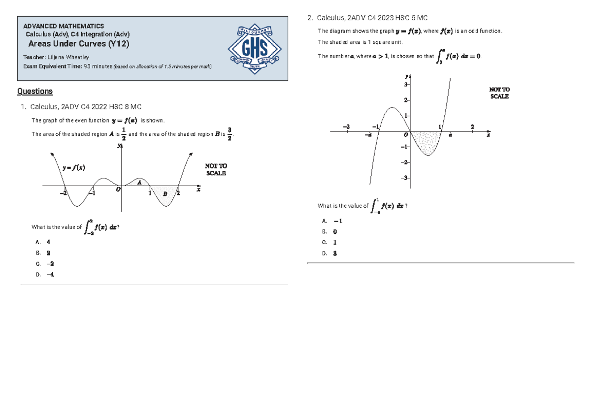 Areas Under Curves - Practice Questions for 2ADV C4 2023 HSC - Studocu