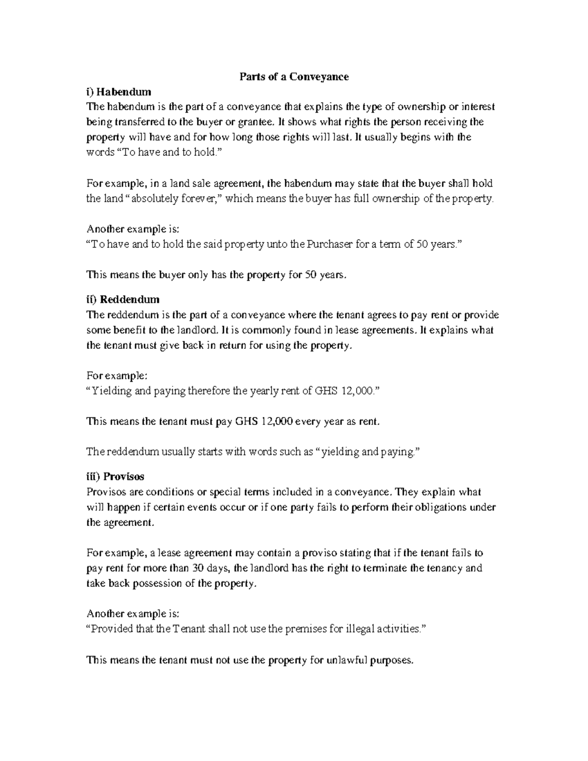 Parts of a Conveyance - Key Concepts and Definitions - Studocu