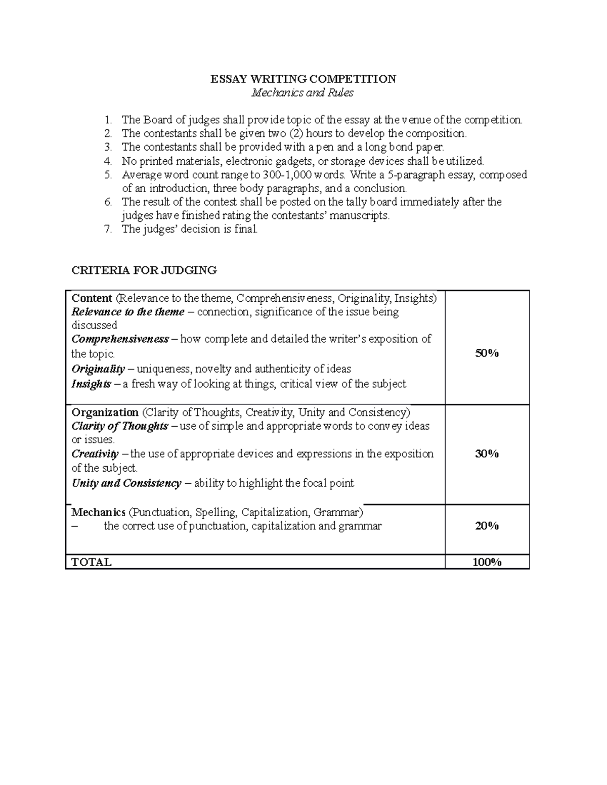 Essay Writing Competition Mechanics: Rules & Judging Criteria - Studocu