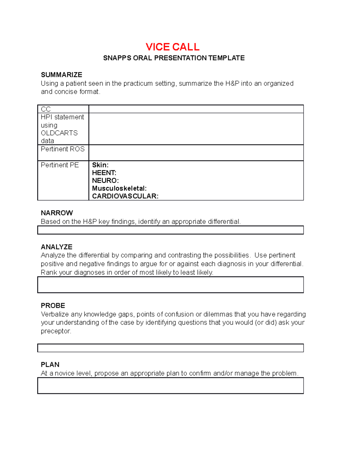 Practicum VICE Call Template: H&P Summary & Differential Analysis - Studocu