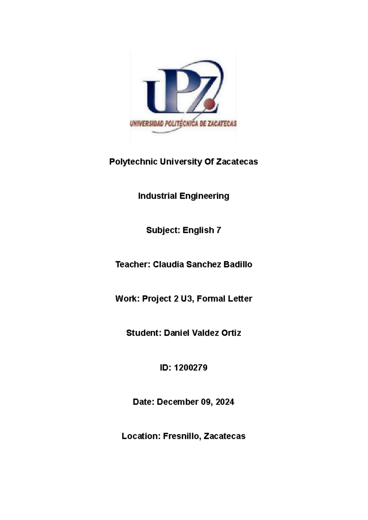 Daniel Valdez Ortiz - Project 2 U3, Formal Letter - Polytechnic ...