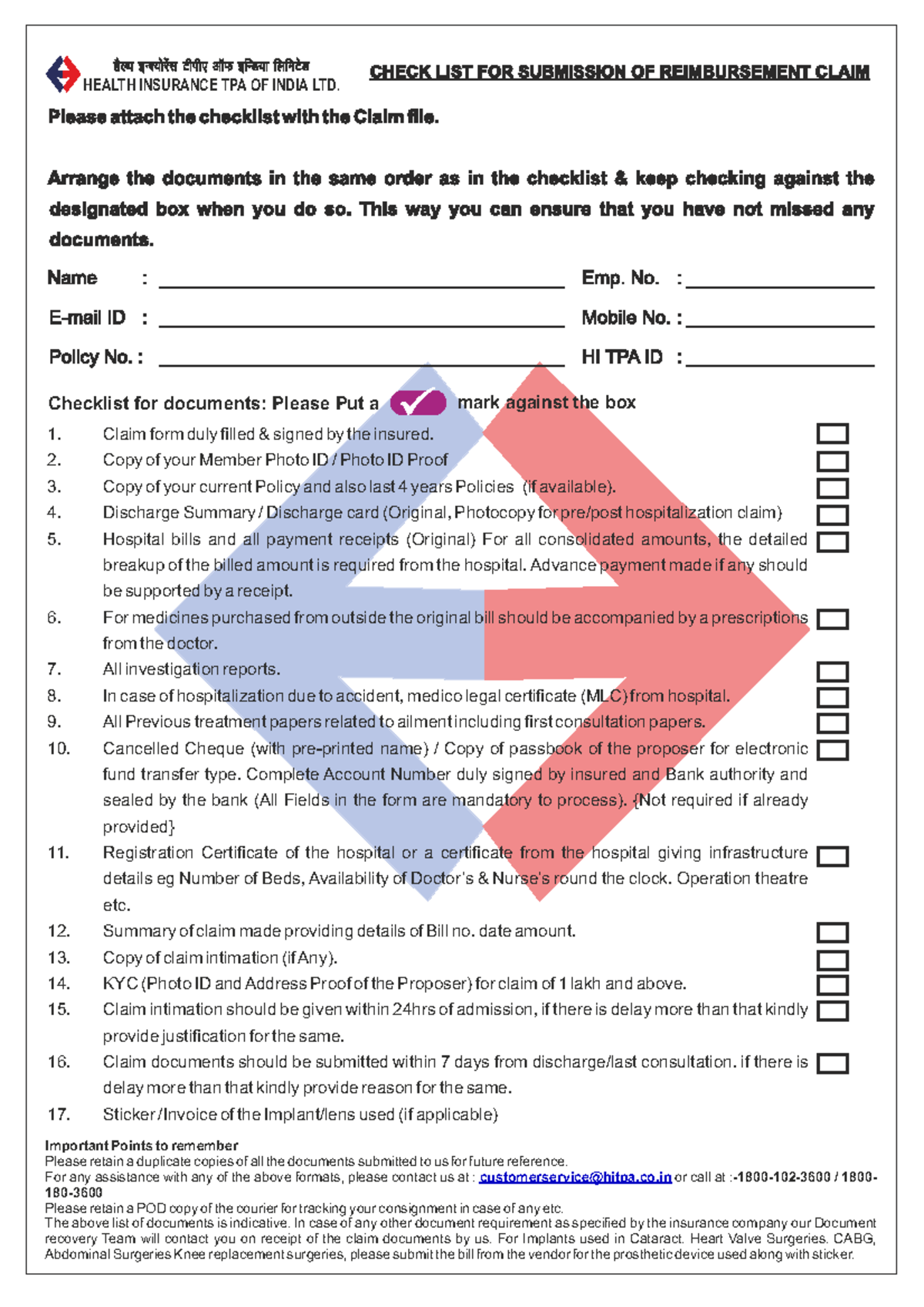 Claim Documents Check List 09032017 - Checklist for documents: Please ...