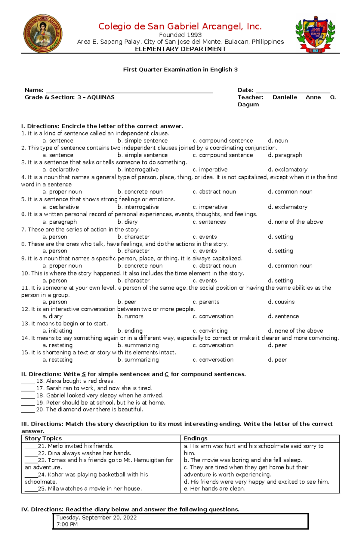 First Quarter Examination in English 3 - Colegio de San Gabriel ...