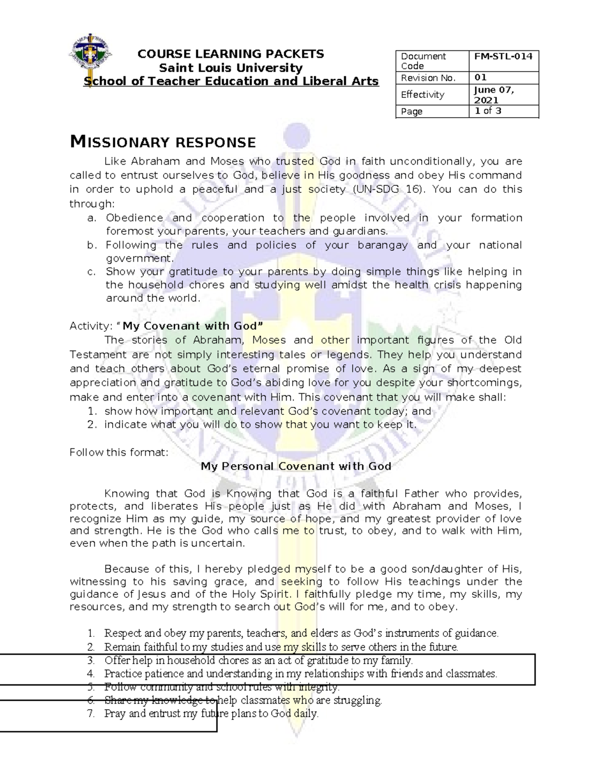 CFE 101 Module 2, Lesson 1: Missionary Response and Personal Covenant - Studocu