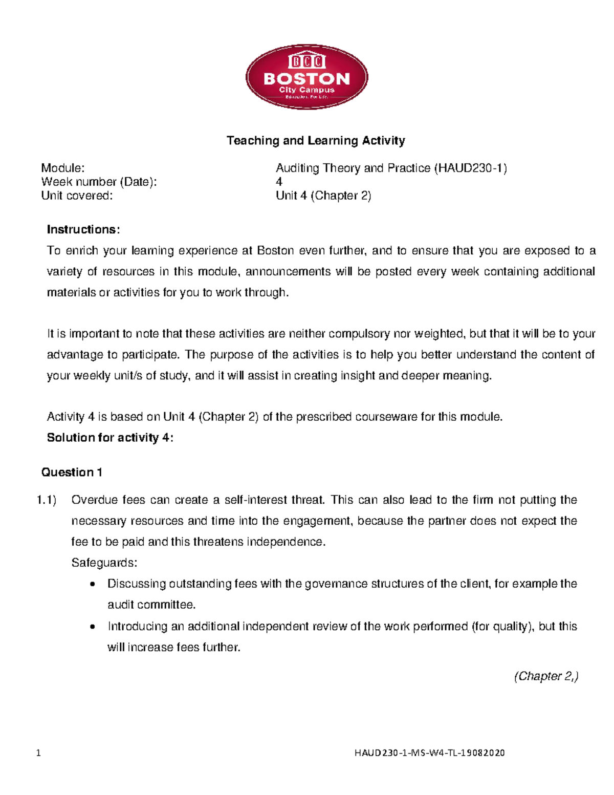HAUD230-1-TL-Week 4: Unit 4 (Chapter 2) Activity Solutions - Studocu
