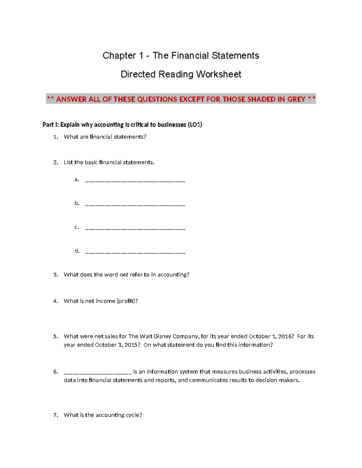 Chapter 1 Financial Statements Directed Reading Worksheet (ACC 101) - Studocu