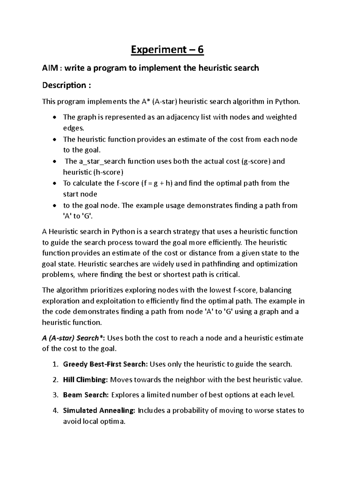ML-Experiment-6: A* Heuristic Search Algorithm Implementation - Studocu