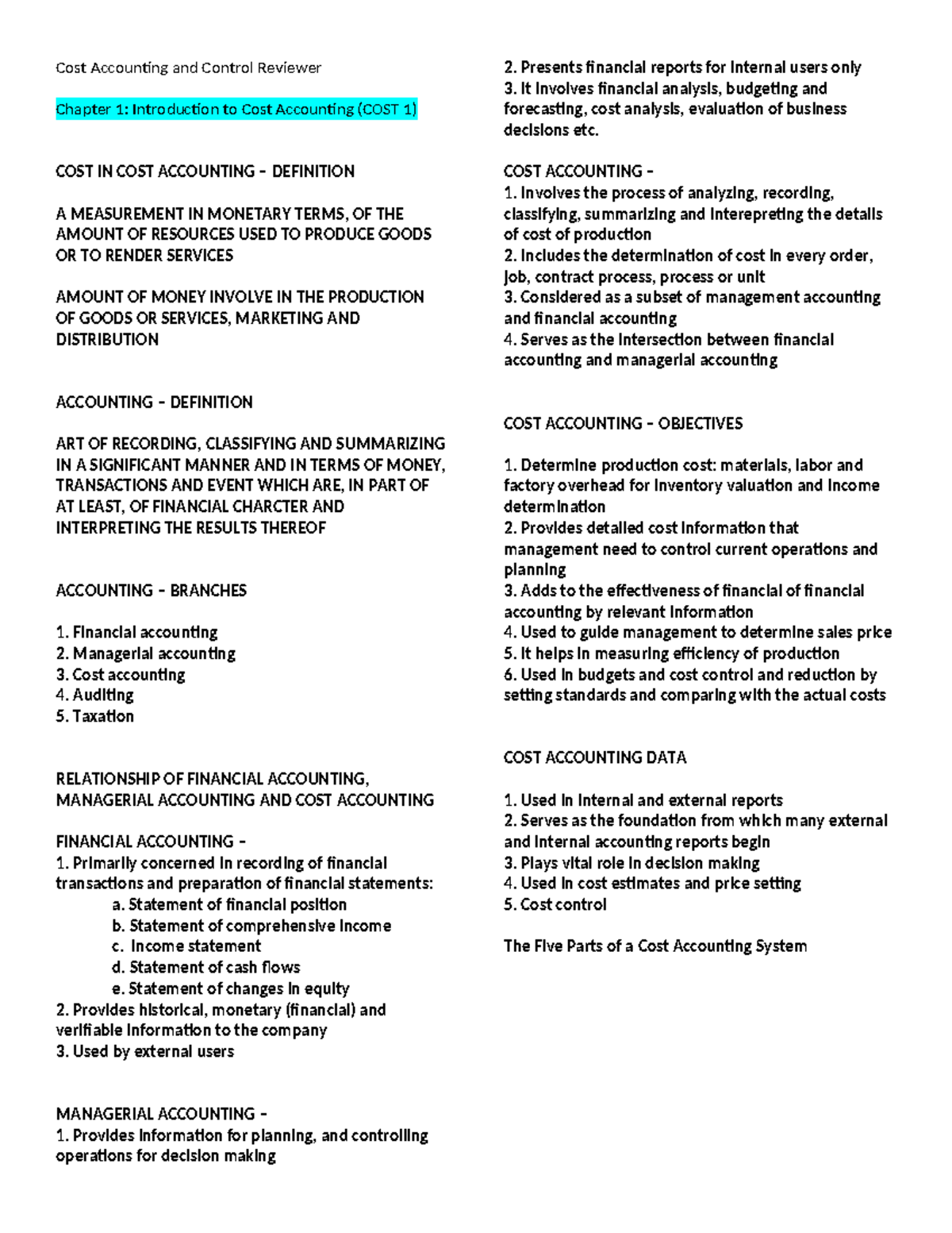 COST 1: Cost Accounting & Control Final Exam Reviewer - Studocu