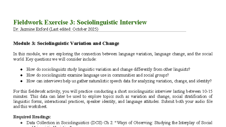 Fieldwork Exercise 3: Sociolinguistic Interview (Module 3) - Studocu