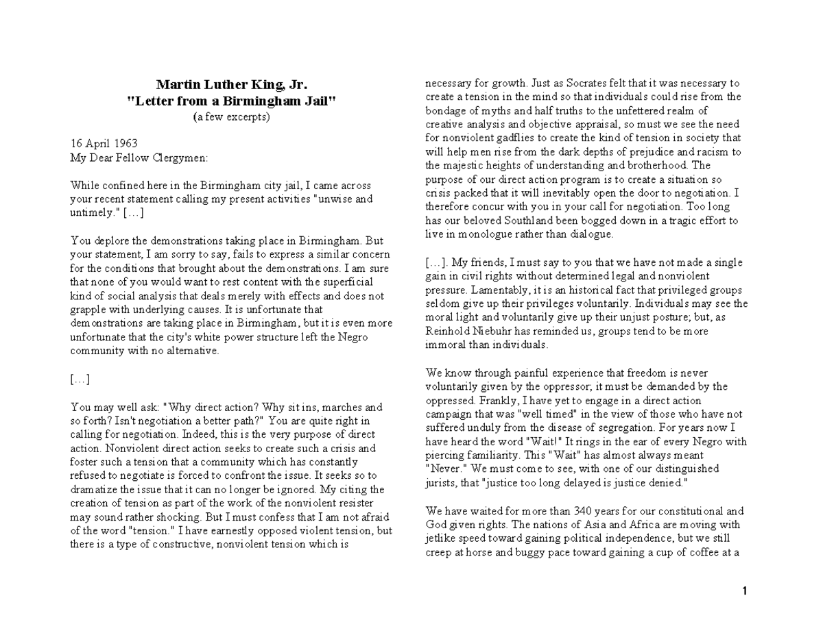 MLK - Excerpts from "Letter from Birmingham Jail" - Studocu