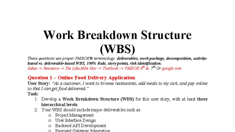 Practice Work Breakdown Structure (WBS) for PMBOK 6th & 7th - Studocu