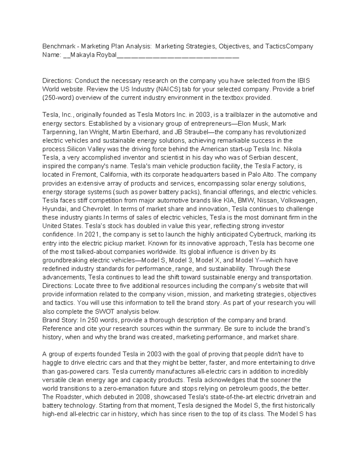 Marketing Plan Analysis for Tesla, Inc. - MKT 315 Homework - Studocu