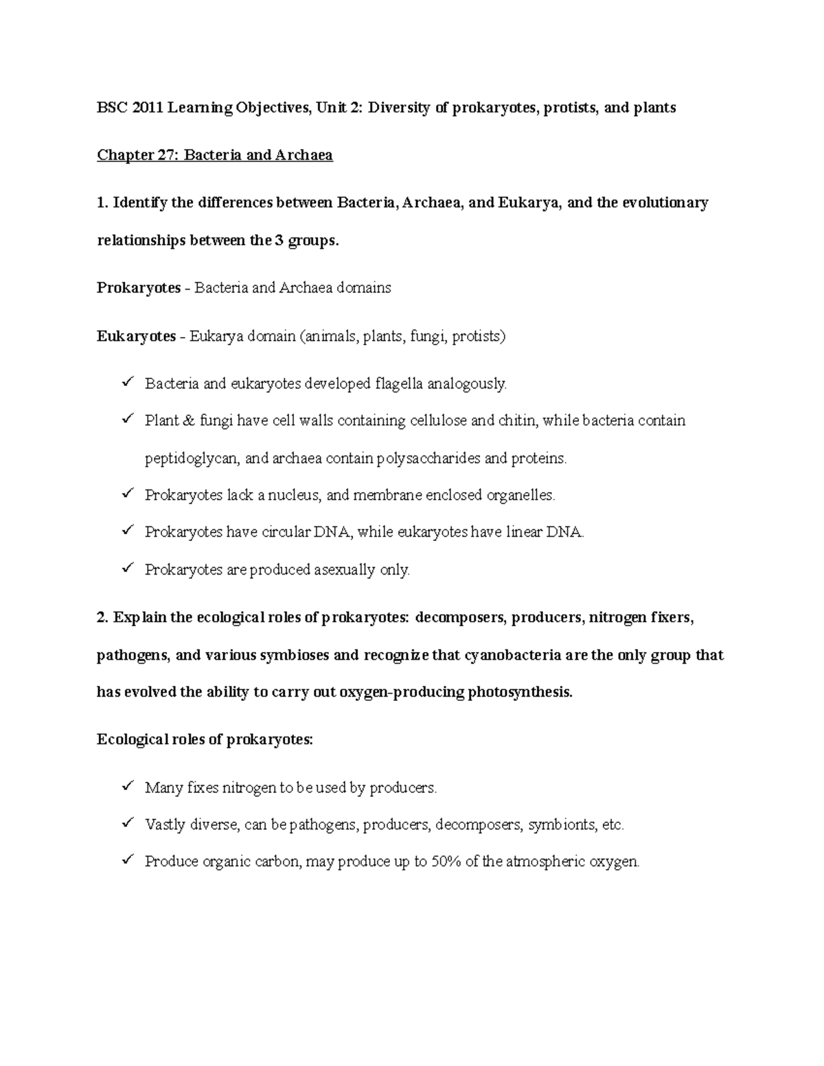 BSC 2011 Learning Objectives, Unit 2 Completed - BSC 2011 Learning Objectives, Unit 2: Diversity ...