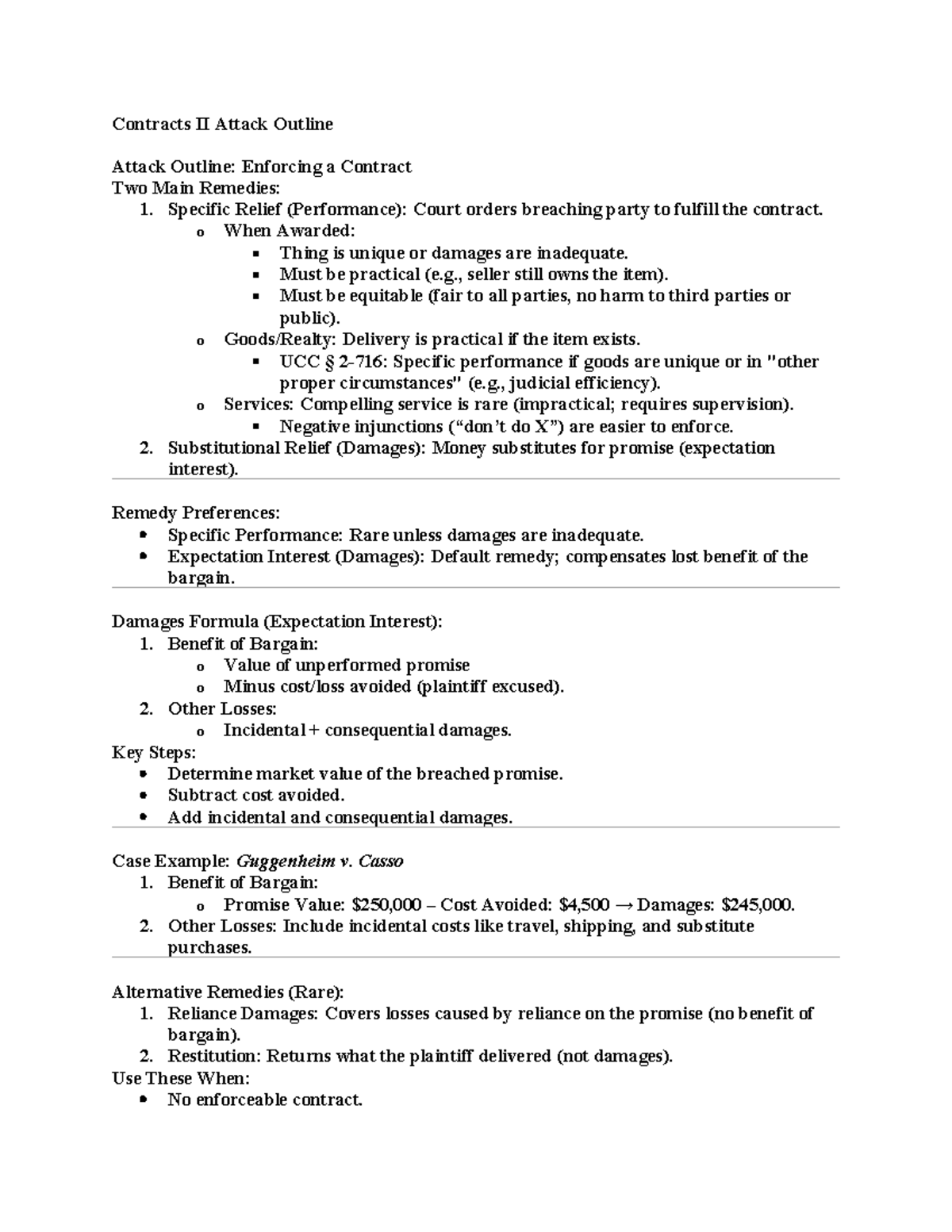 Contracts II Final Exam Attack Outline: Key Remedies & Case Analysis ...