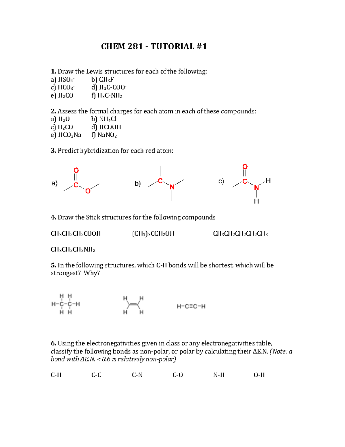 Tutorial-1-Q - chemistry organic tutorial practice questions - CHEM 281 ...