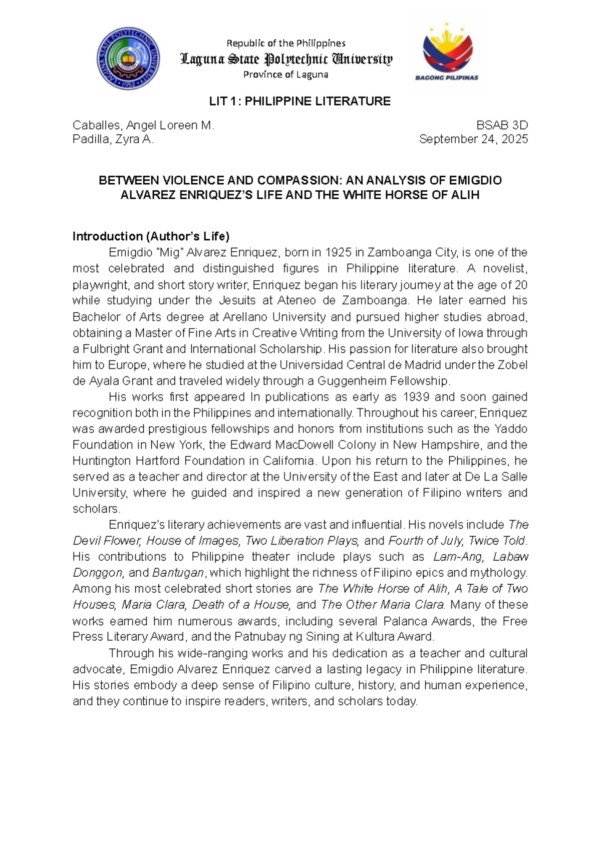 LIT 1: Analysis of Emigdio Alvarez's "The White Horse of Alih" - Studocu