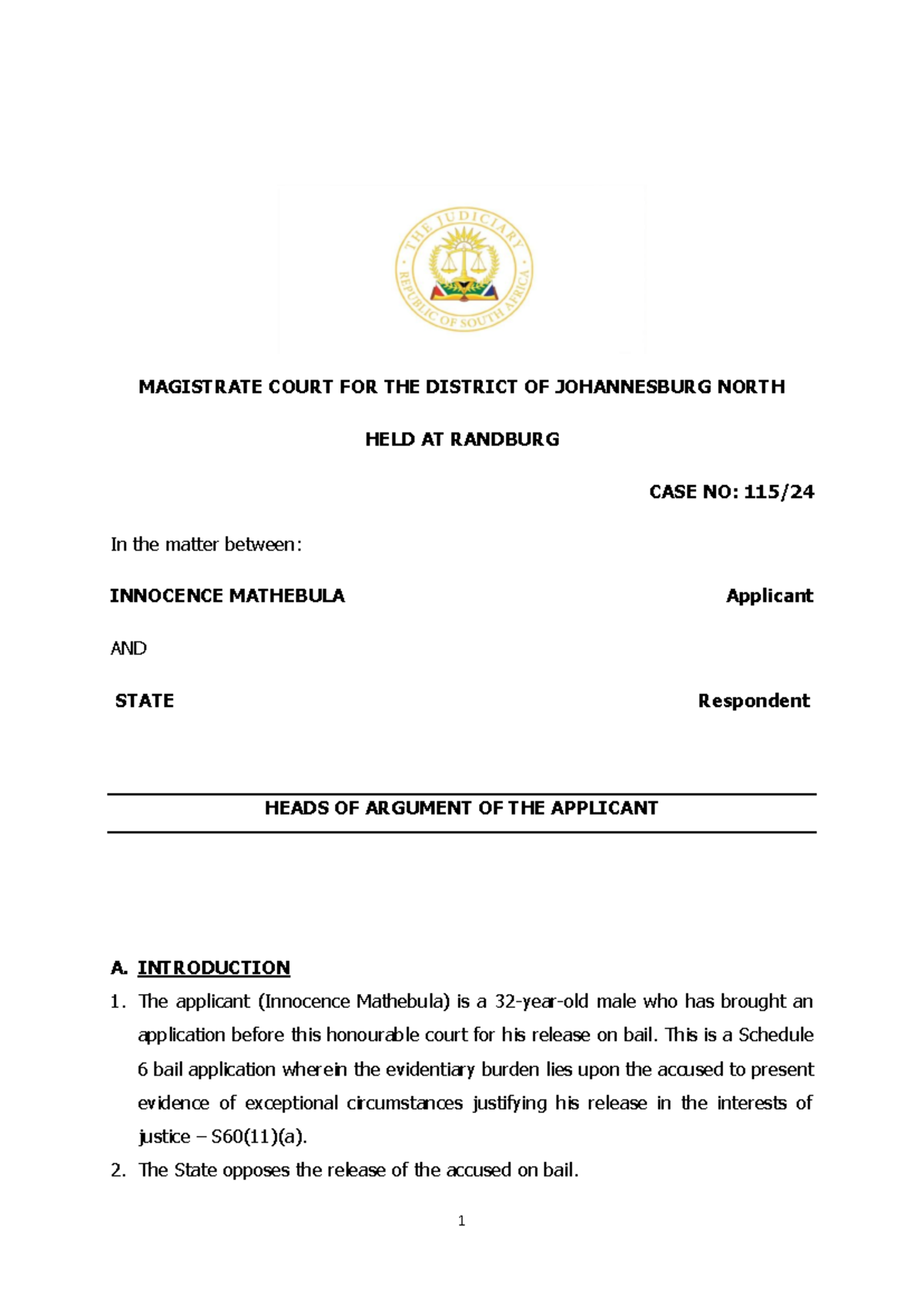 Heads of Argument: Bail Application - Innocence Mathebula (Case No ...