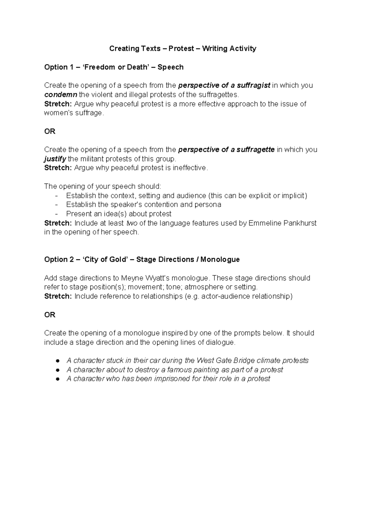 Creating Texts: Protest Writing Activity (Speech & Monologue) - Studocu