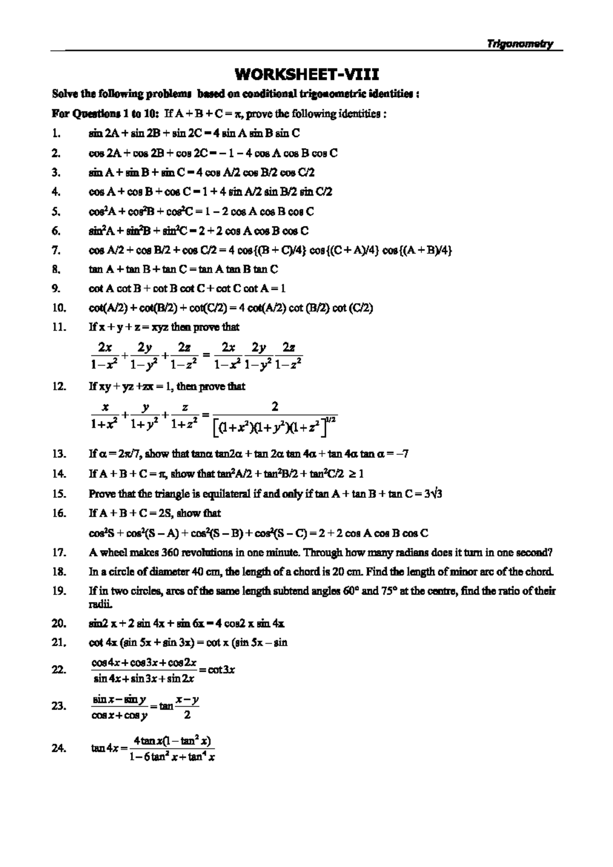 XI-Trigo 6 - Conditional Trigonometric Identities Problems - Studocu