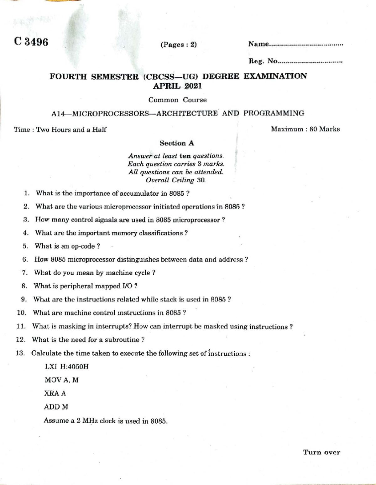 C 3496: Microprocessor Common Course Exam April 2021 - 4th Sem - Studocu