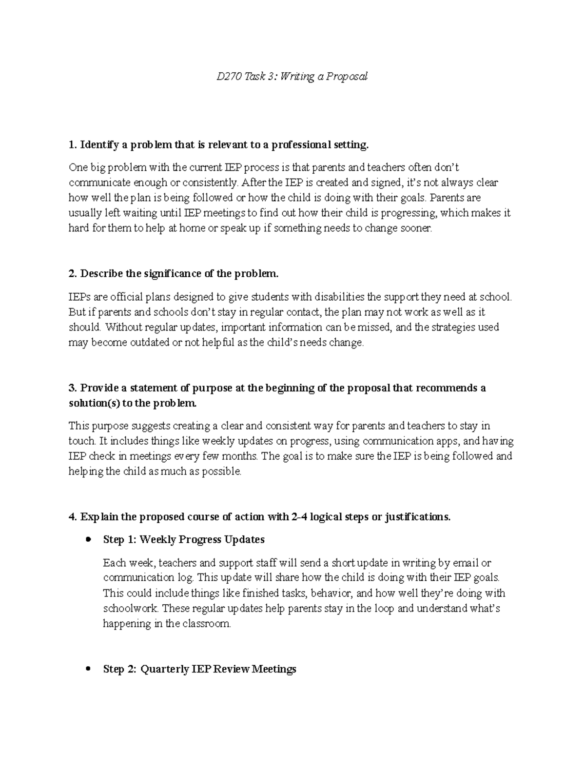 D270 Task 3: Proposal for Improving IEP Communication - Studocu