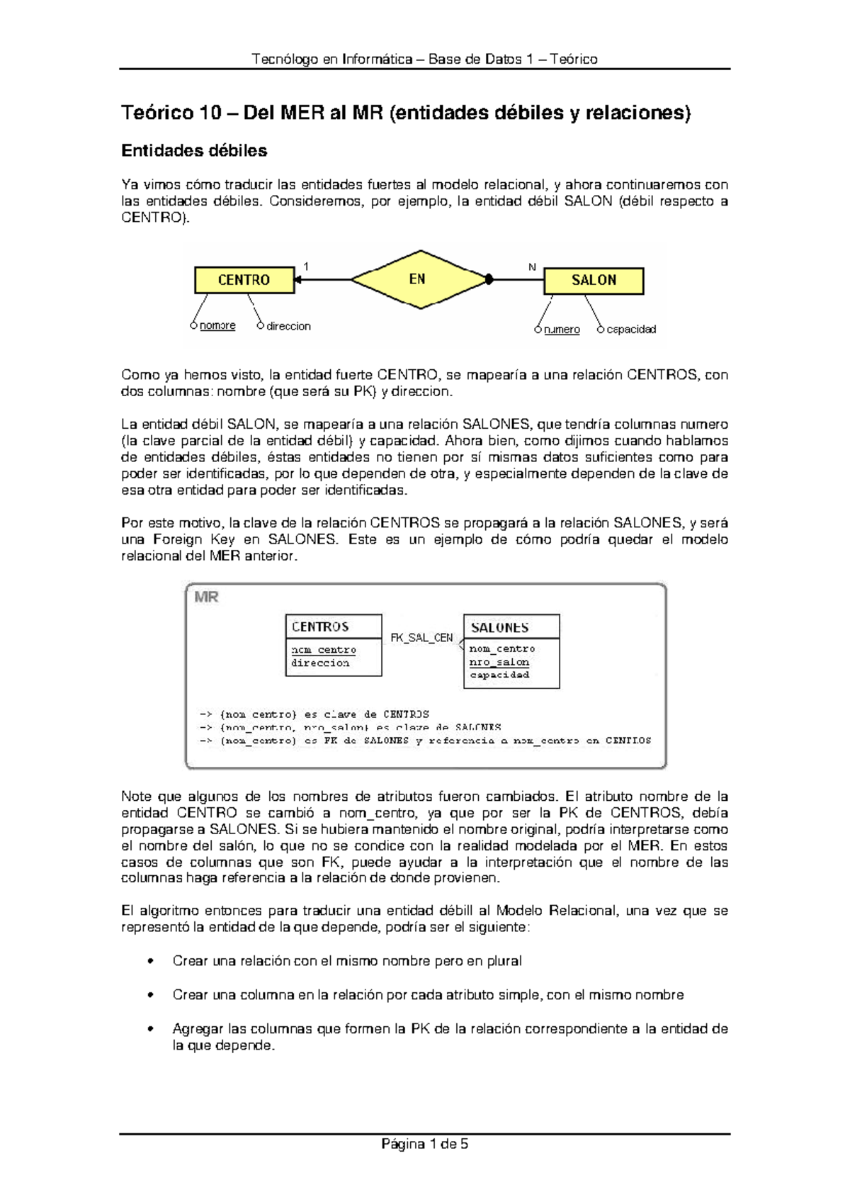 Base de Datos 1 - Teórico 10: Entidades Débiles y Relaciones - Studocu