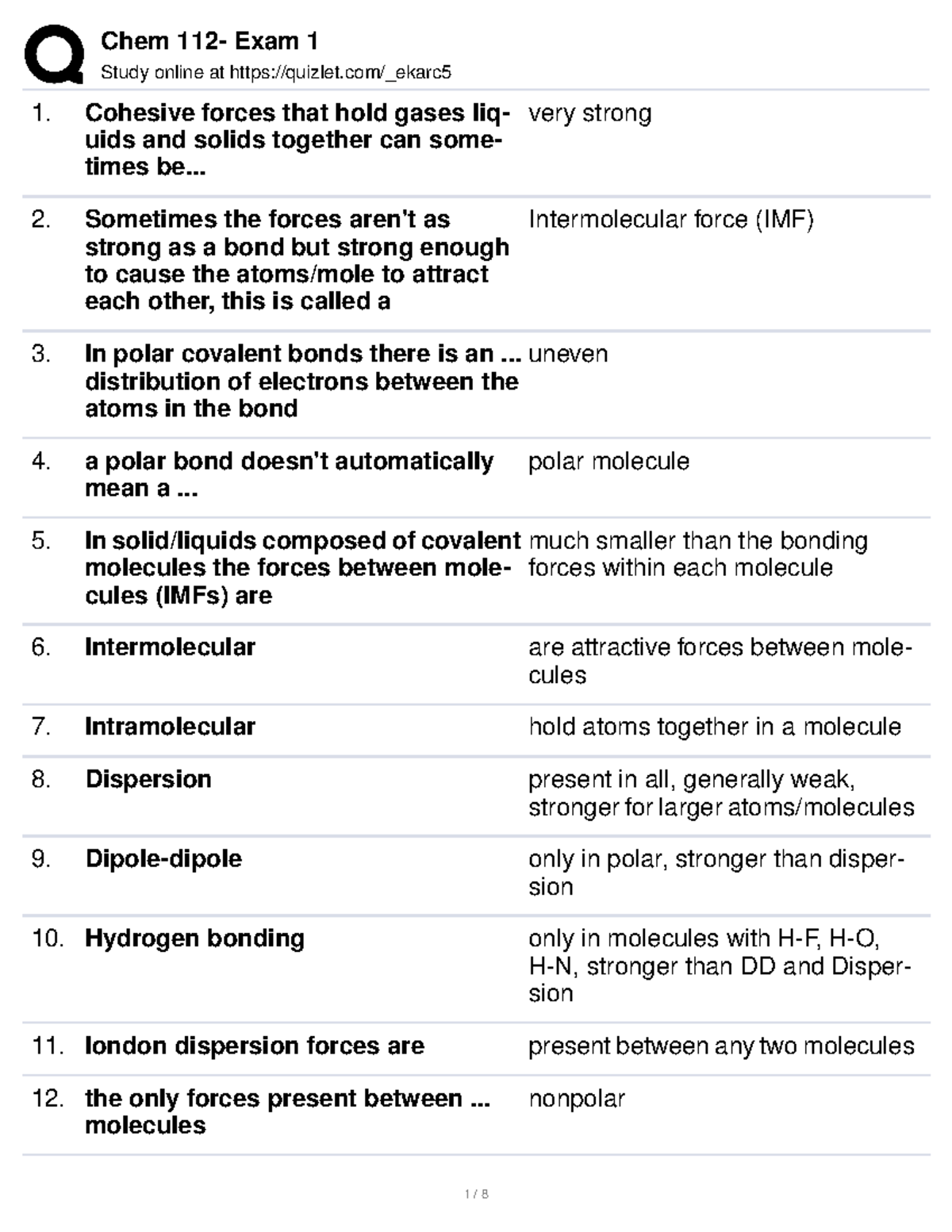Chem 112 - Exam 1 Study Guide: Key Concepts and Intermolecular Forces ...
