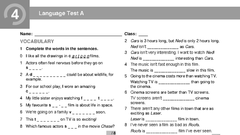 Language Test 4A: Vocabulary & Grammar Exercises for B1 Class - Studocu