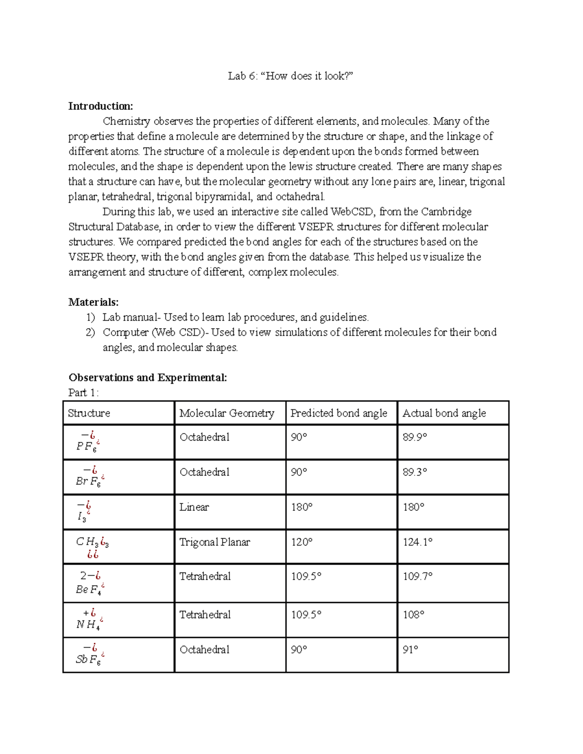 Chem 106 - Lab 6: VSEPR Theory and Molecular Geometry Analysis - Studocu