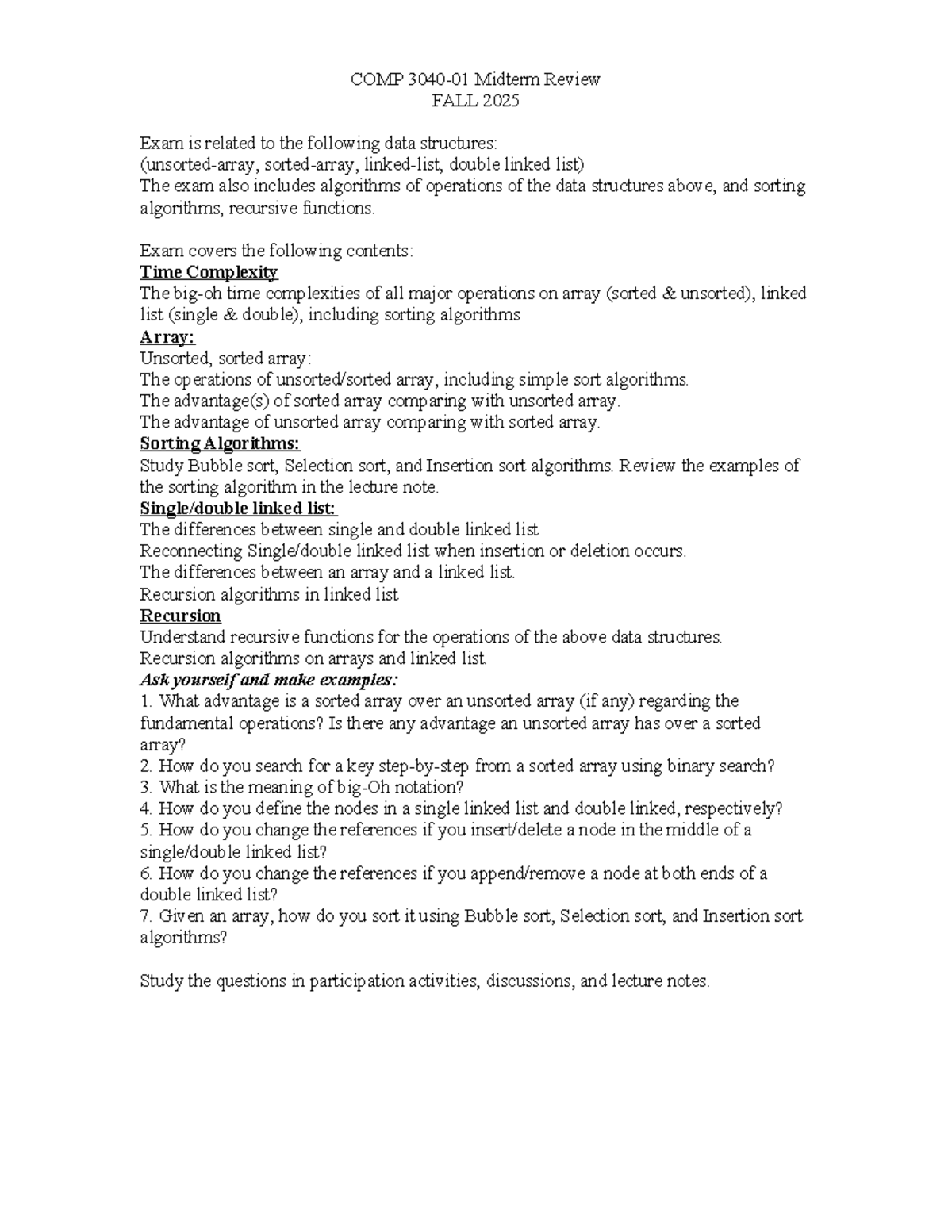 COMP 3040-01 Midterm Review: Data Structures & Algorithms Insights - Studocu