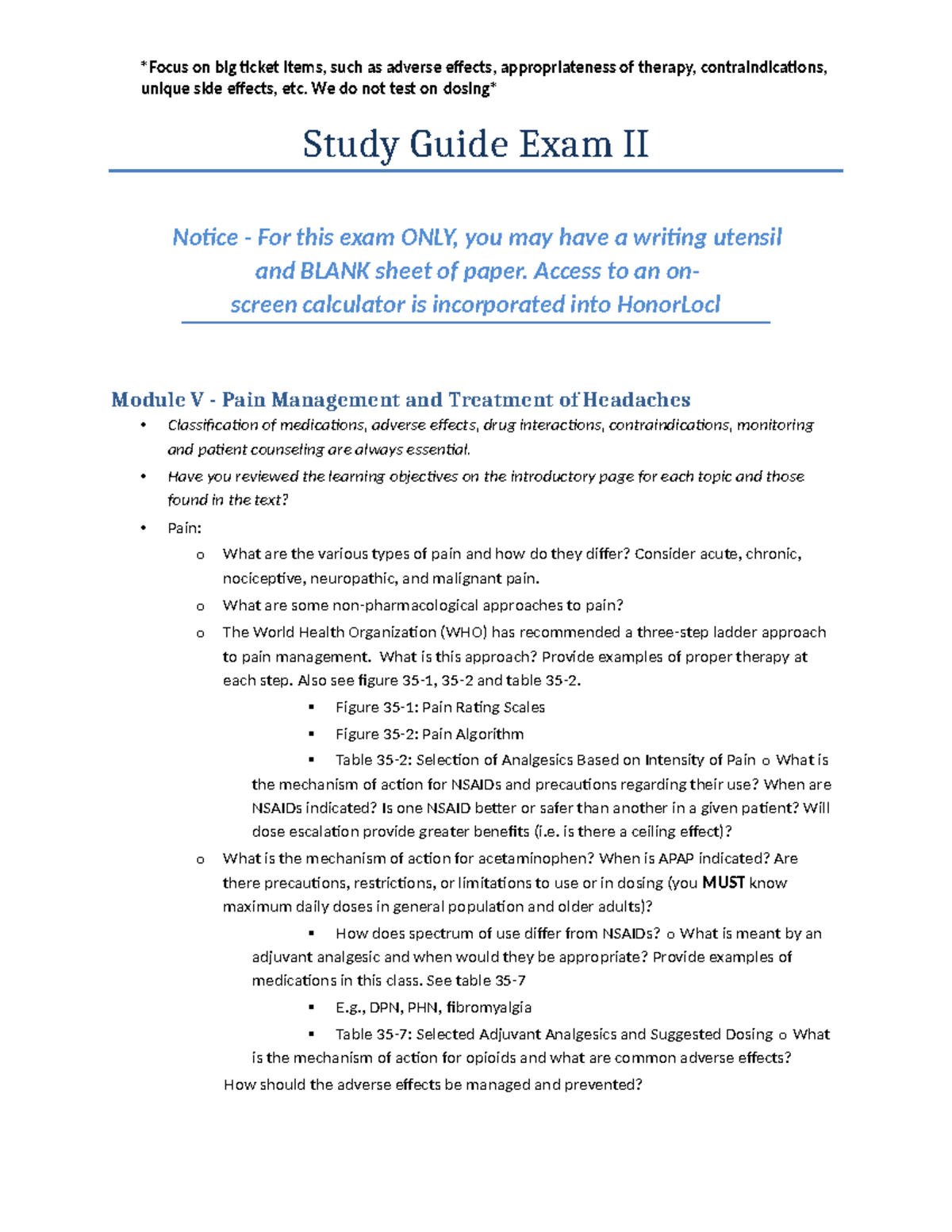 Study Guide Exam II: Pain Management, Headaches, and UTIs - Studocu